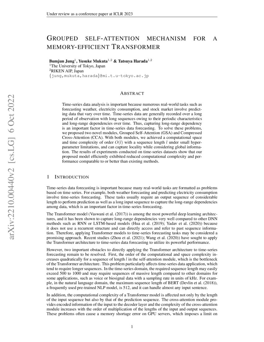 Grouped self-attention mechanism for a memory-efficient Transformer | DeepAI
