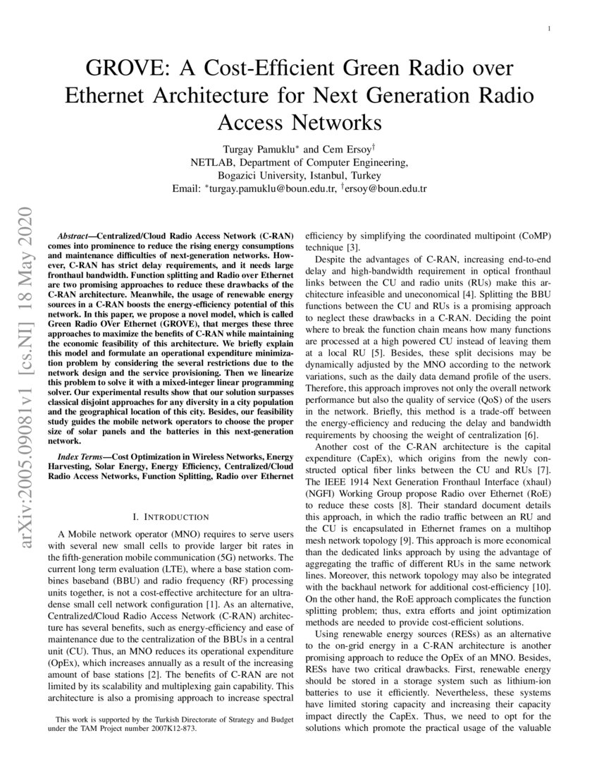 GROVE: A Cost-Efficient Green Radio over Ethernet Architecture for Next ...