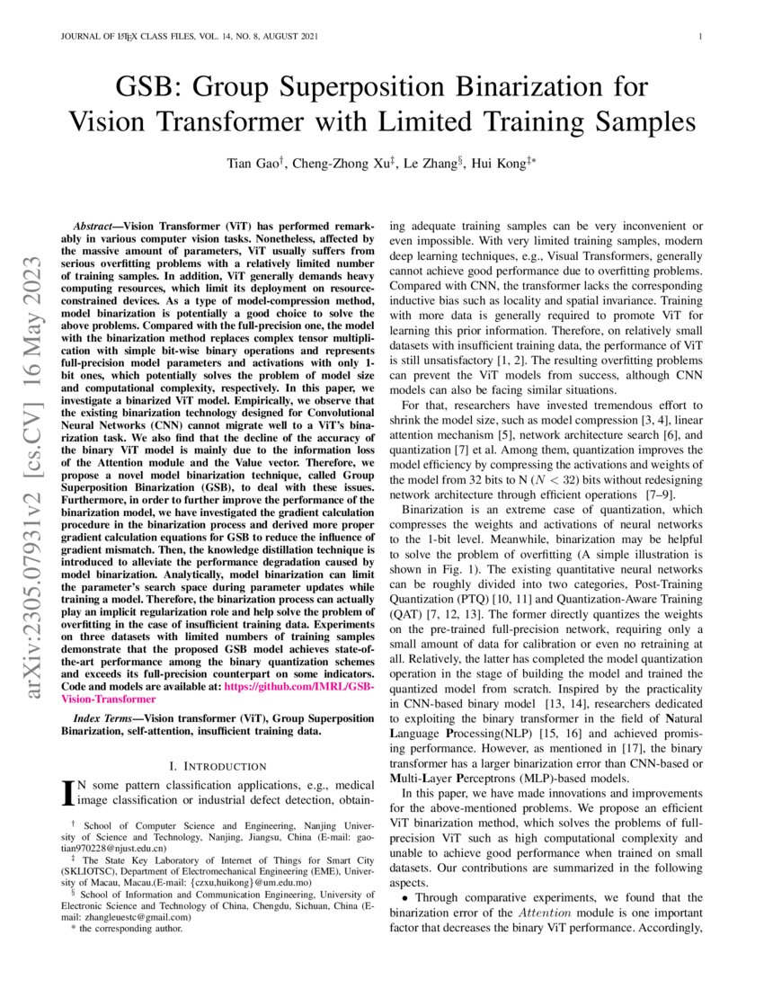 GSB: Group Superposition Binarization for Vision Transformer with ...