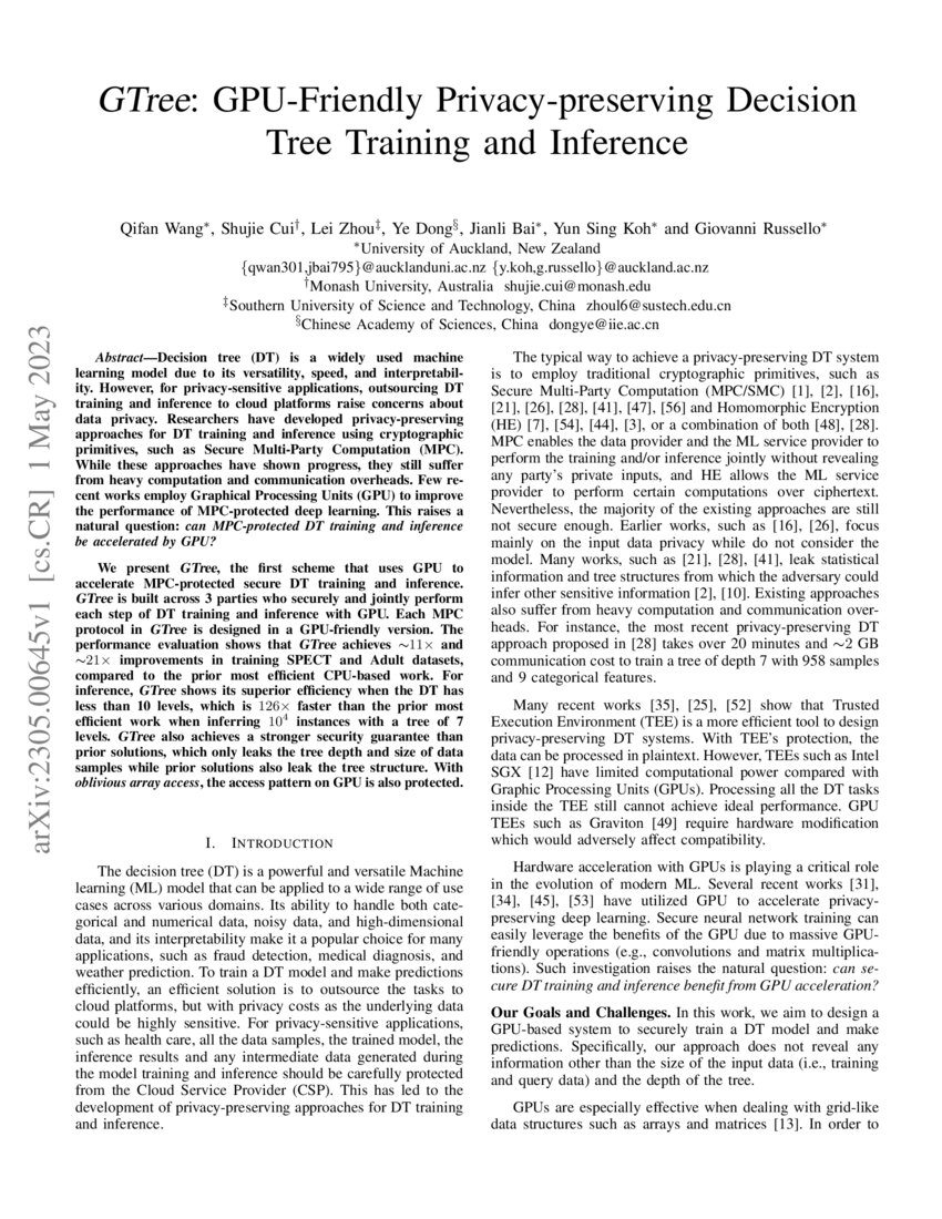 GTree: GPU-Friendly Privacy-preserving Decision Tree Training and Inference | DeepAI
