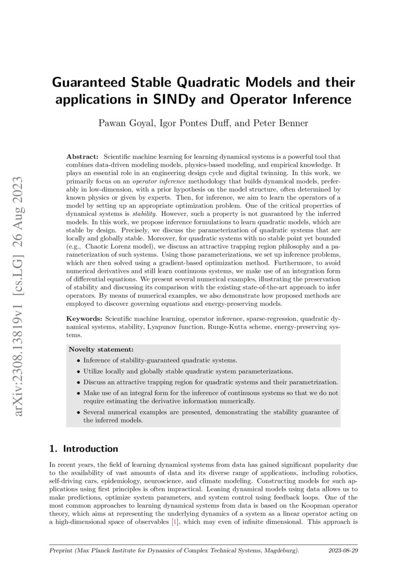 Guaranteed Stable Quadratic Models and their applications in SINDy and Operator Inference | DeepAI