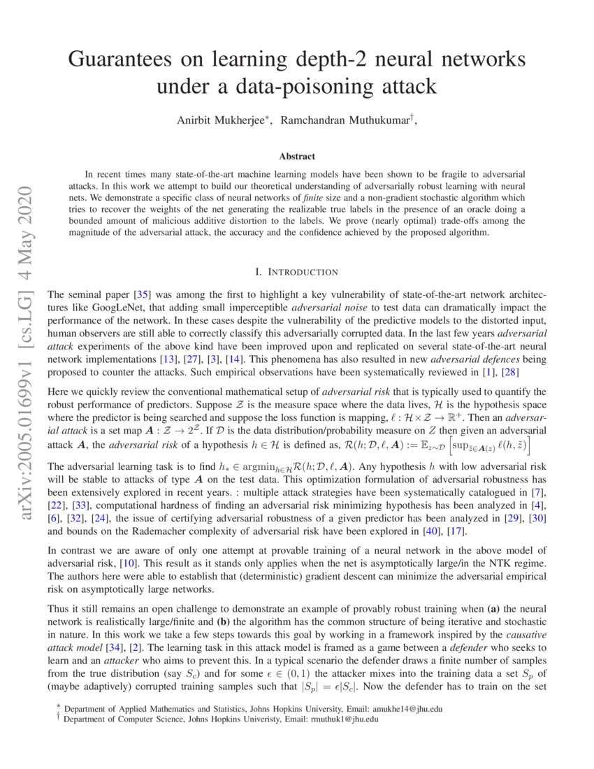 Guarantees on learning depth-2 neural networks under a data-poisoning attack | DeepAI