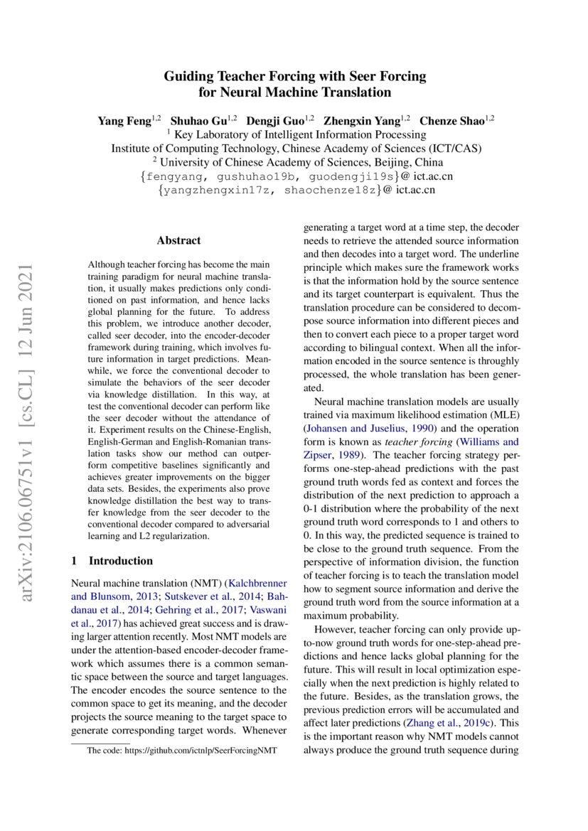 Guiding Teacher Forcing with Seer Forcing for Neural Machine ...