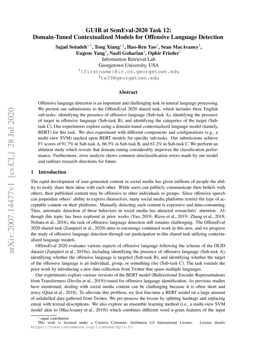 Guir At Semeval 2020 Task 12 Domain Tuned Contextualized Models For