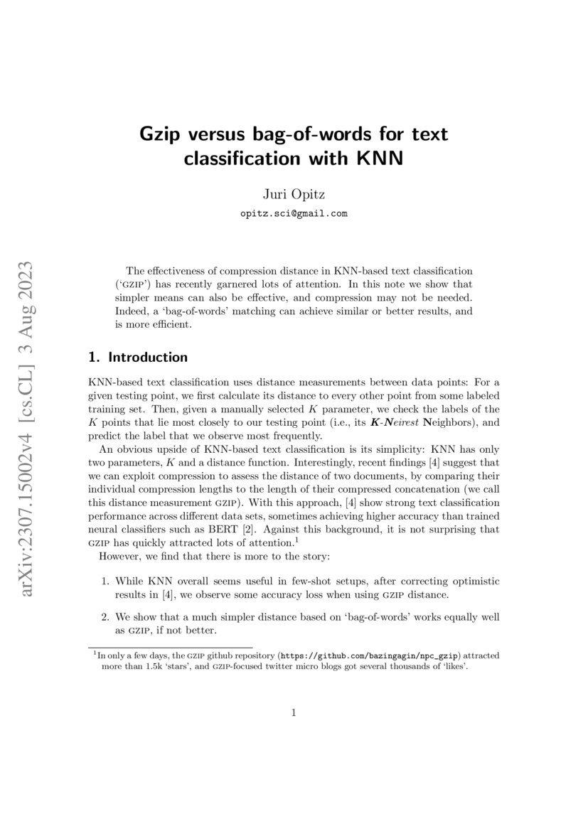 Gzip versus bag-of-words for text classification with KNN | DeepAI