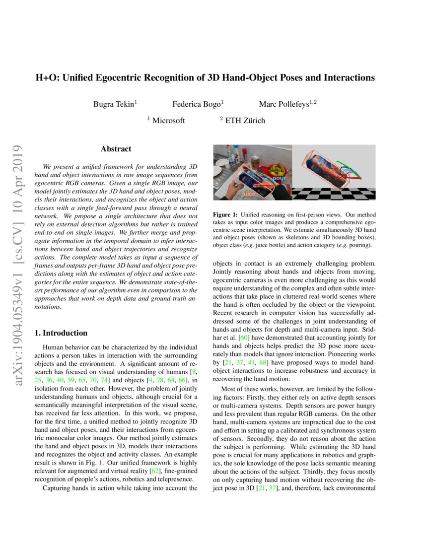 H O Unified Egocentric Recognition Of 3d Hand Object Poses And