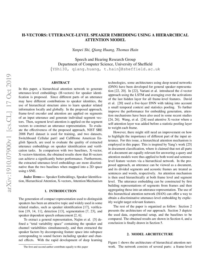 H-VECTORS: Utterance-level Speaker Embedding Using A Hierarchical Attention Model | DeepAI