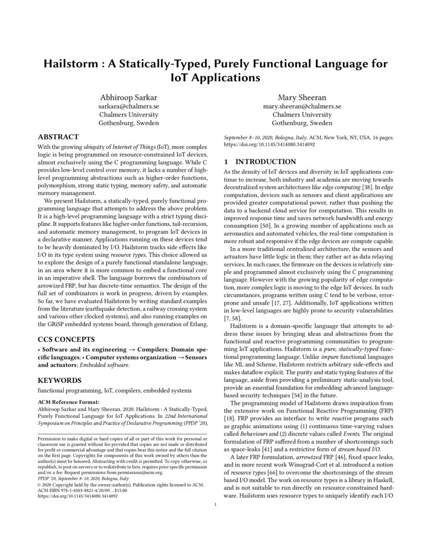 Hailstorm A Statically Typed Purely Functional Language For Iot Applications Deepai 