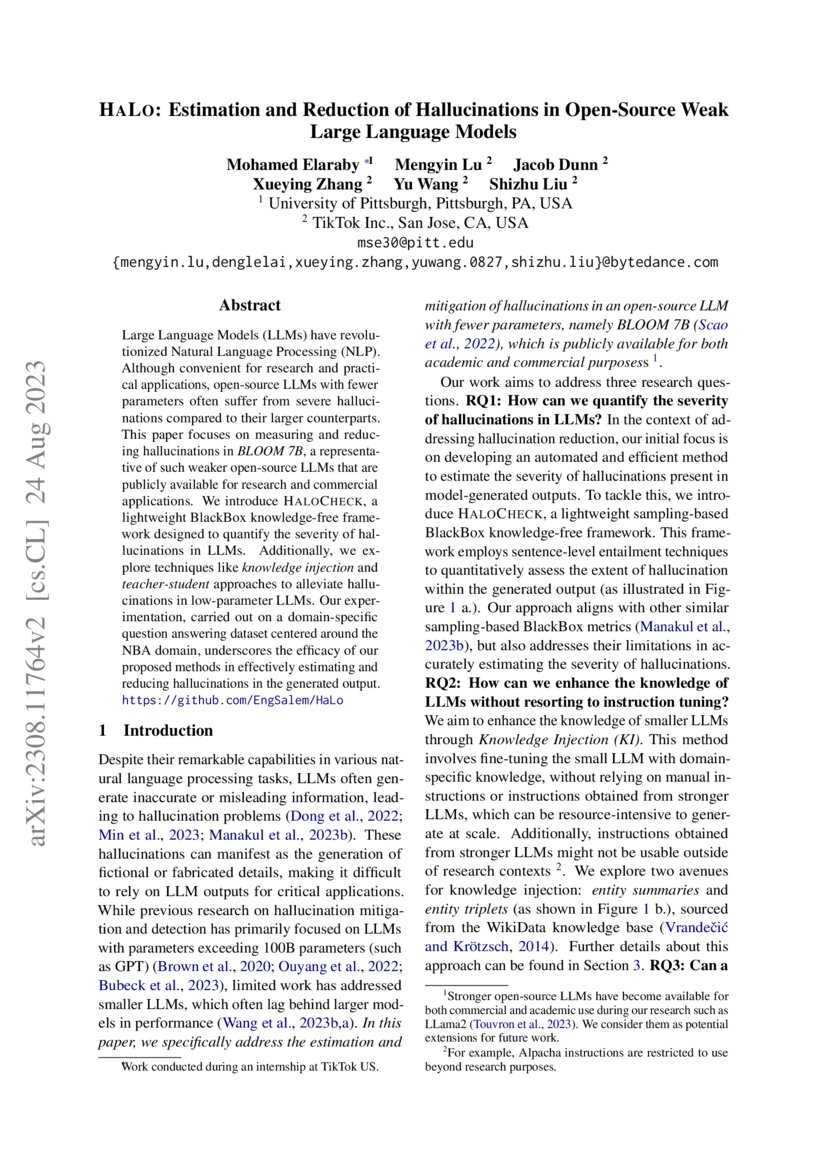 Halo: Estimation and Reduction of Hallucinations in Open-Source Weak Large Language Models | DeepAI