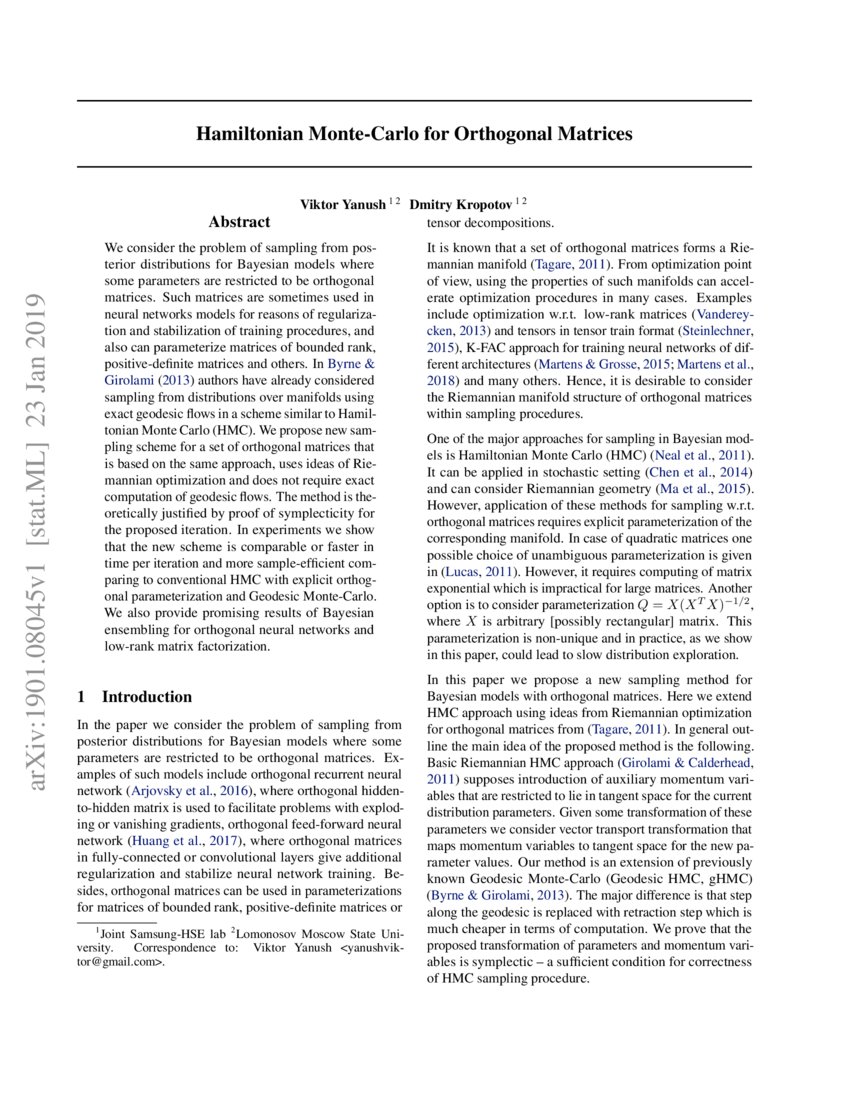 Hamiltonian Monte-Carlo for Orthogonal Matrices | DeepAI