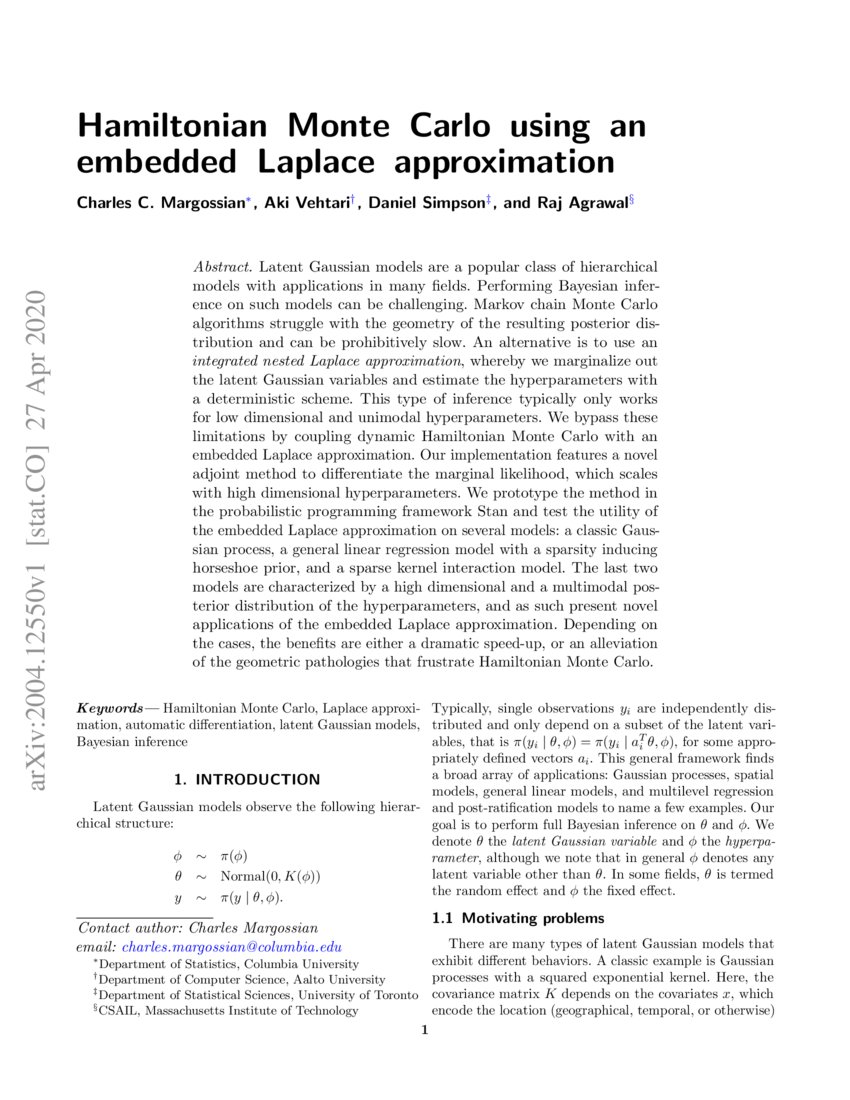 Hamiltonian Monte Carlo using an embedded Laplace approximation | DeepAI Hamiltonian Monte Carlo using an embedded Laplace approximation | DeepAI