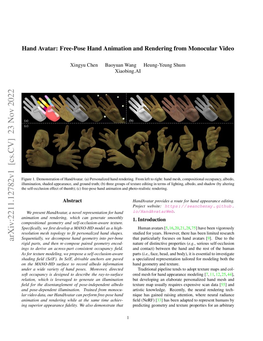 Hand Avatar: Free-Pose Hand Animation and Rendering from Monocular Video | DeepAI