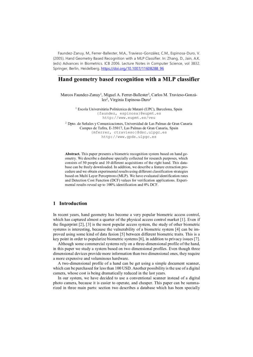 Hand Geometry Based Recognition With A Mlp Classifier Deepai