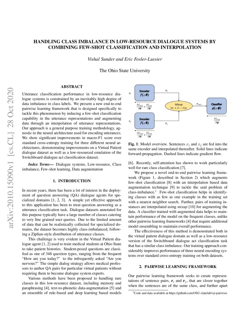 Handling Class Imbalance in Low-Resource Dialogue Systems by Combining Few-Shot Classification ...