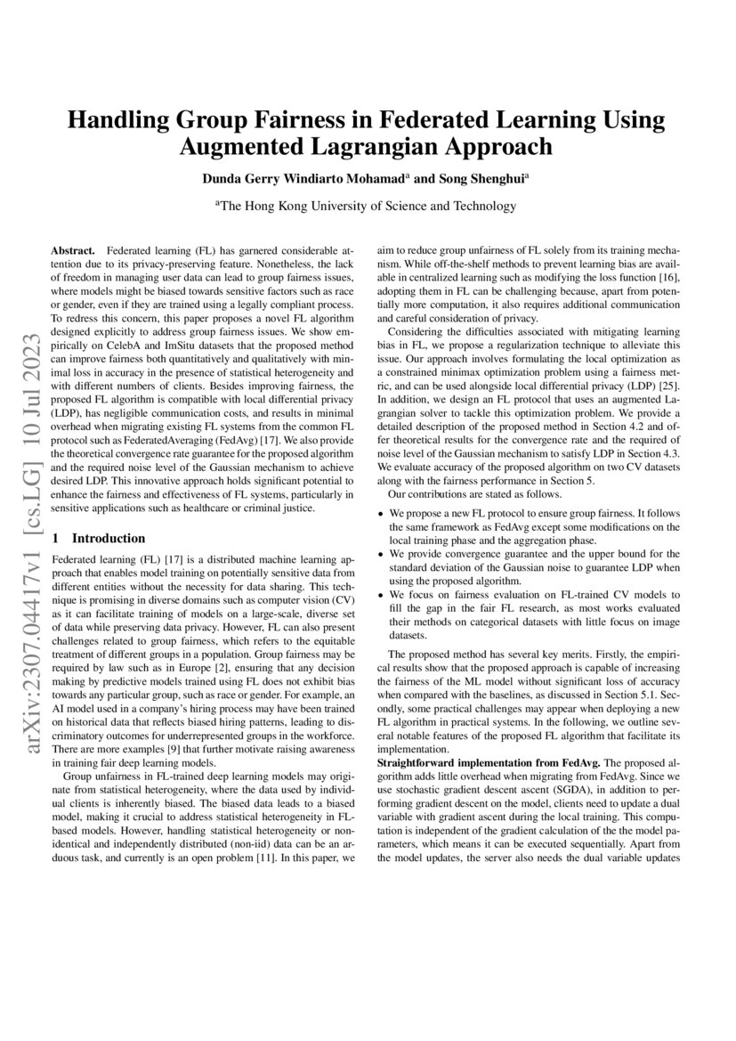 Handling Group Fairness in Federated Learning Using Augmented Lagrangian Approach | DeepAI