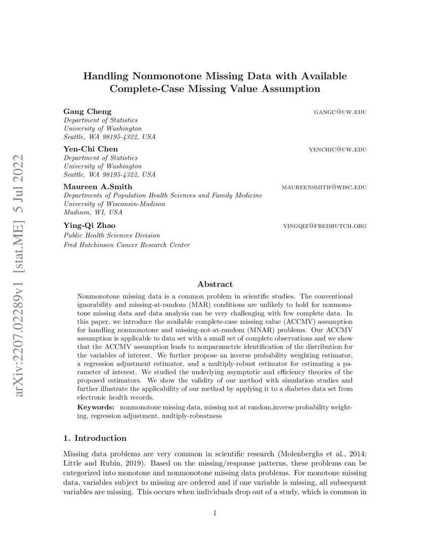 Handling Nonmonotone Missing Data With Available Complete Case Missing Value Assumption Deepai