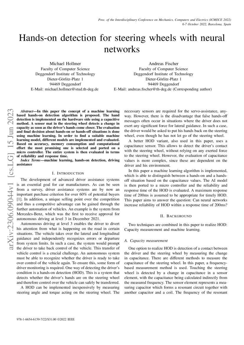 Hands-on detection for steering wheels with neural networks | DeepAI
