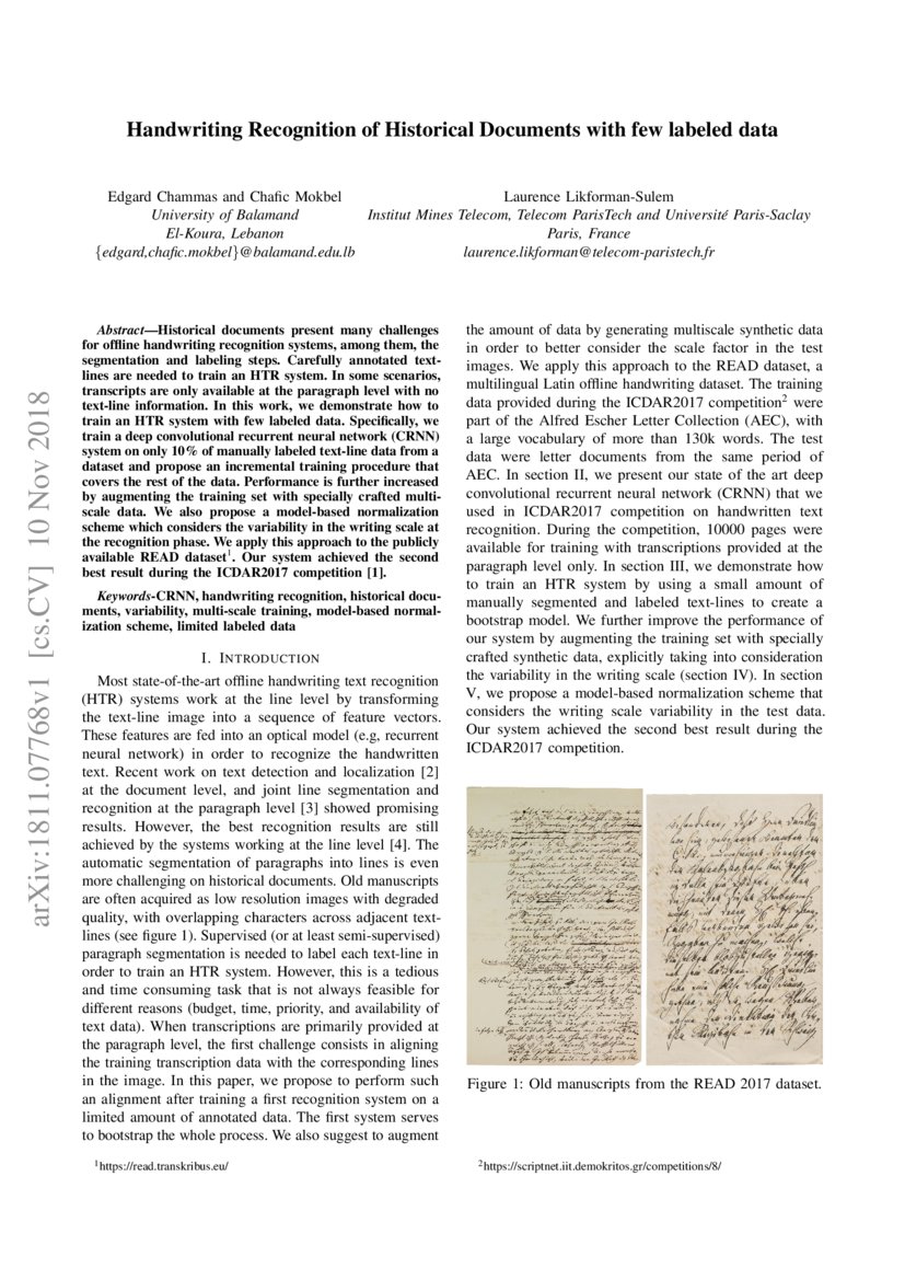 Handwriting Recognition of Historical Documents with few labeled data ...