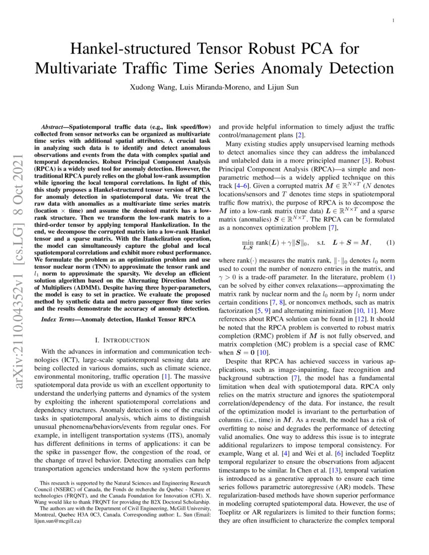 Hankel-structured Tensor Robust PCA for Multivariate Traffic Time Series Anomaly Detection | DeepAI
