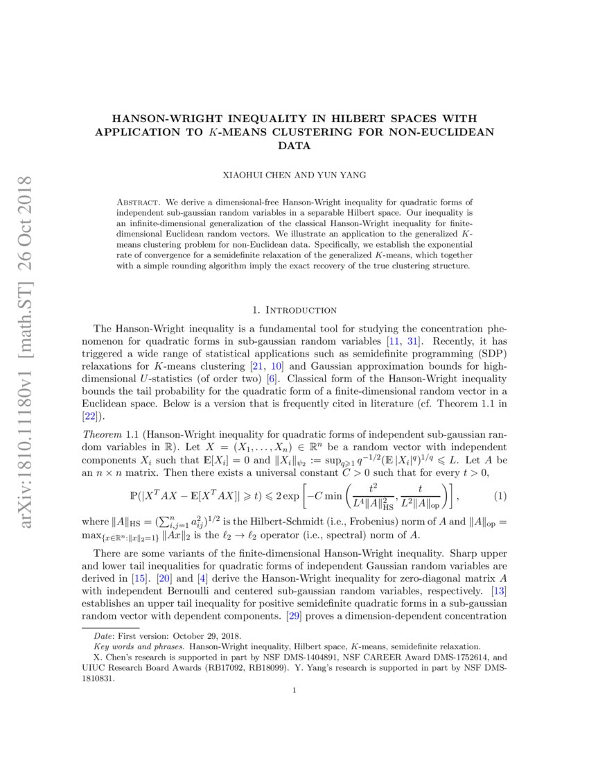 Hanson-Wright inequality in Hilbert spaces with application to K-means ...
