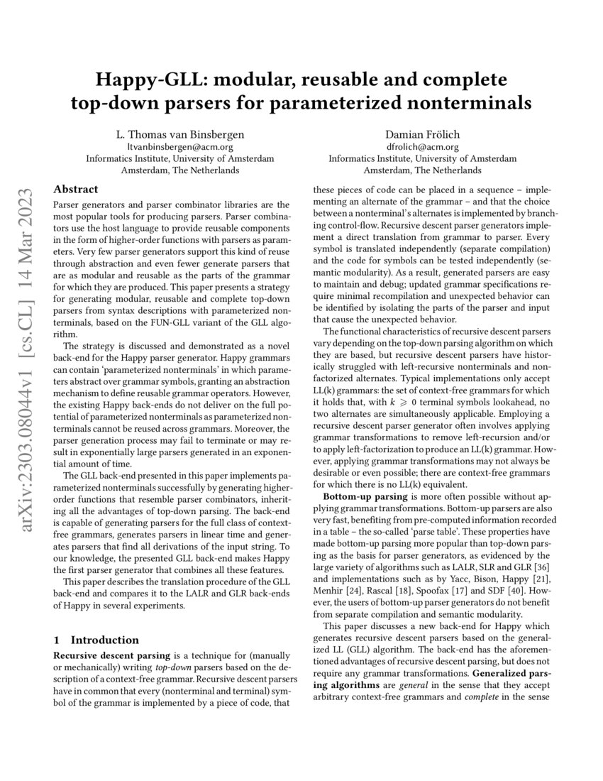 Happy Gll Modular Reusable And Complete Top Down Parsers For Parameterized Nonterminals Deepai