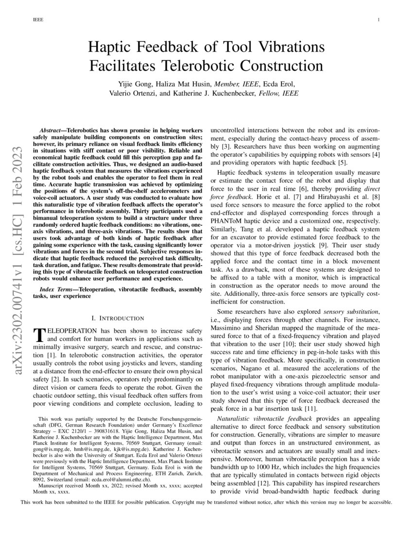 Haptic Feedback of Tool Vibrations Facilitates Telerobotic Construction ...