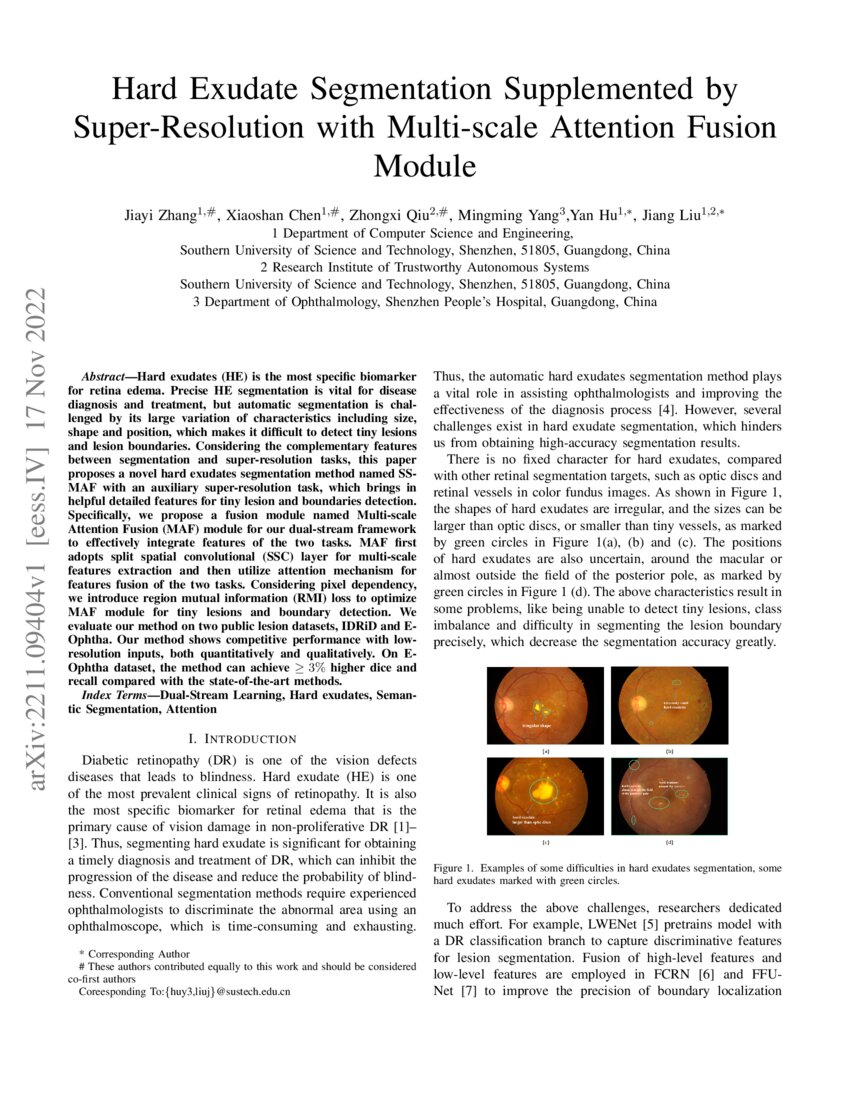 Hard Exudate Segmentation Supplemented By Super Resolution With Multi Scale Attention Fusion