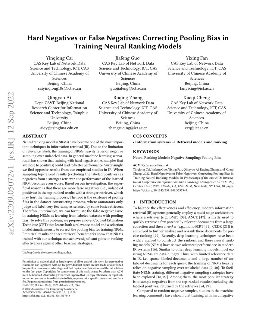 Hard Negatives or False Negatives: Correcting Pooling Bias in Training Neural Ranking Models ...