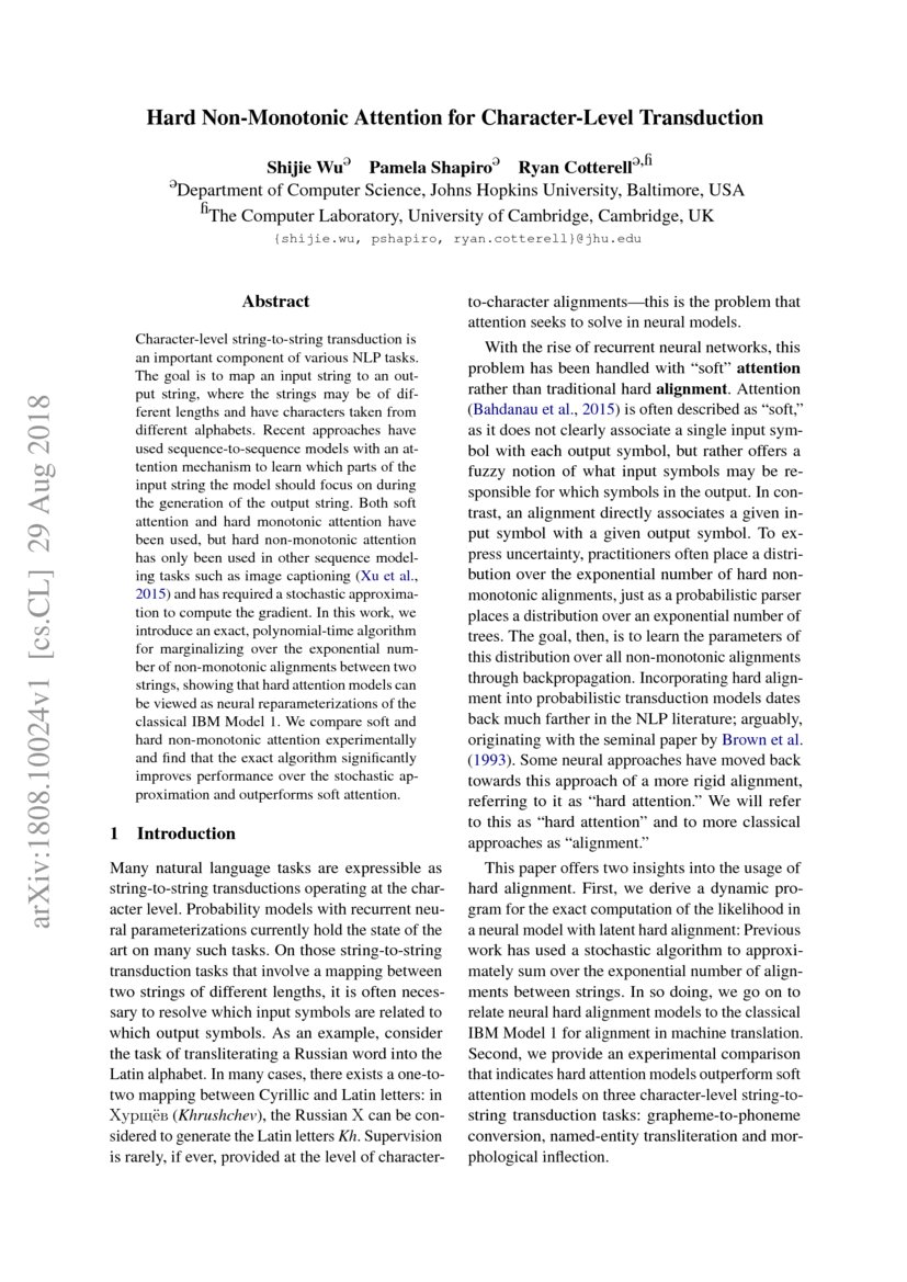 Hard Non-Monotonic Attention for Character-Level Transduction | DeepAI