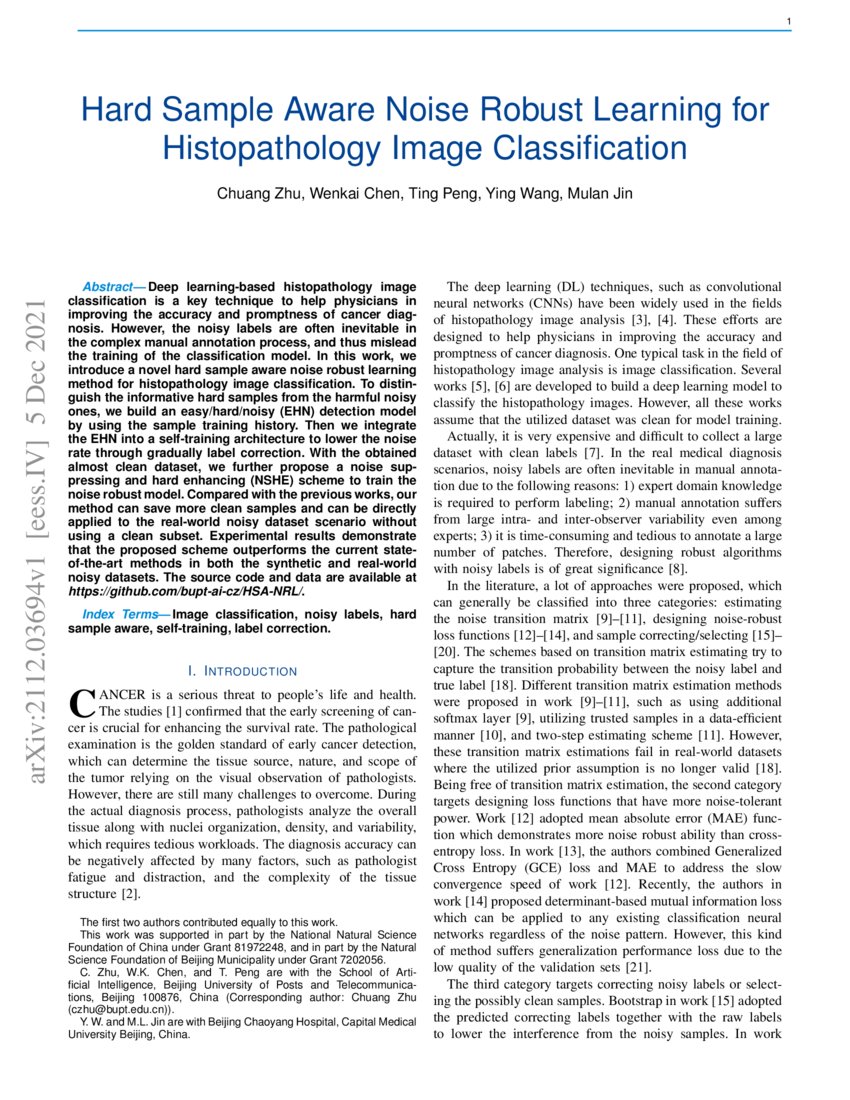 Hard Sample Aware Noise Robust Learning for Histopathology Image Classification | DeepAI