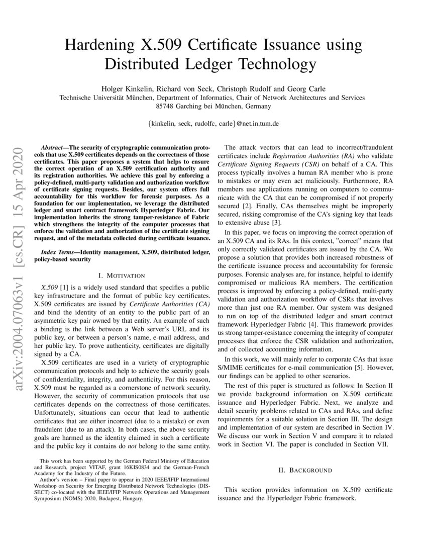 Hardening X.509 Certificate Issuance using Distributed Ledger Technology | DeepAI