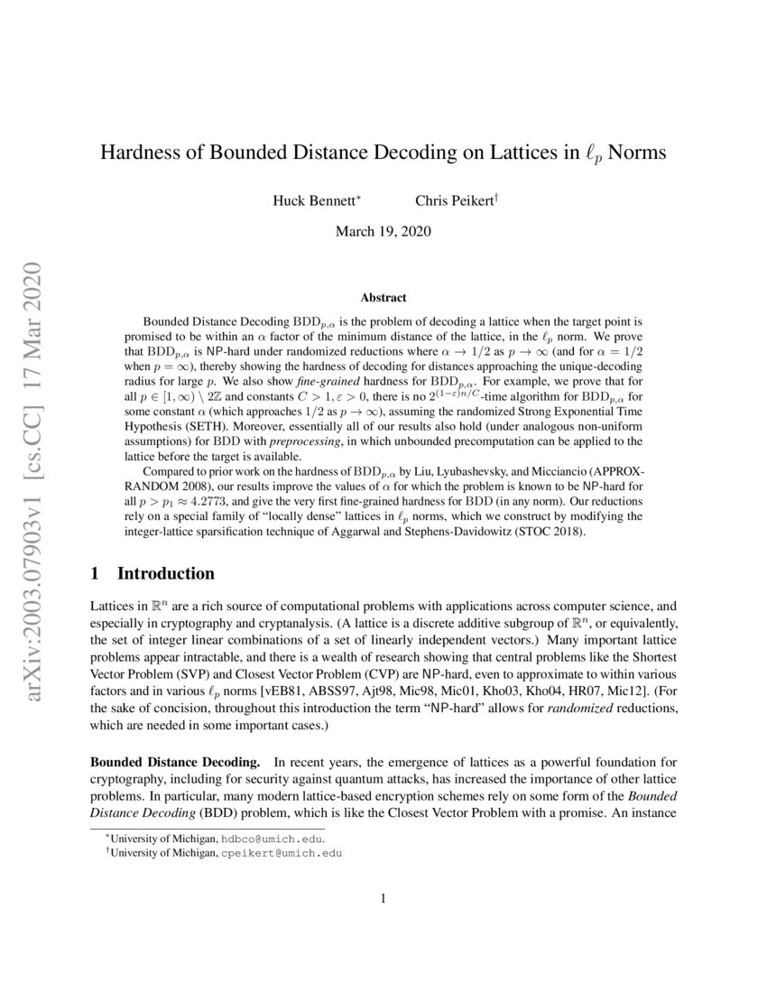 Hardness of Bounded Distance Decoding on Lattices in ℓ_p Norms | DeepAI