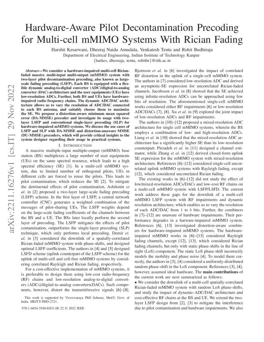 Hardware Aware Pilot Decontamination Precoding For Multi Cell Mmimo Systems With Rician Fading