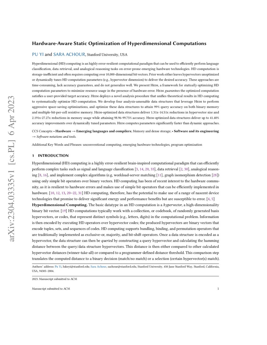 Hardware Aware Static Optimization Of Hyperdimensional Computations Deepai