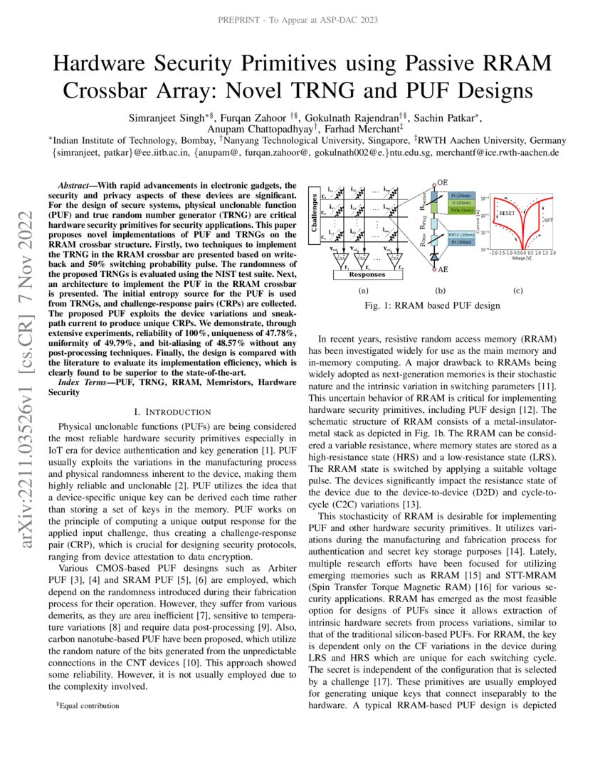 Hardware Security Primitives using Passive RRAM Crossbar Array: Novel ...