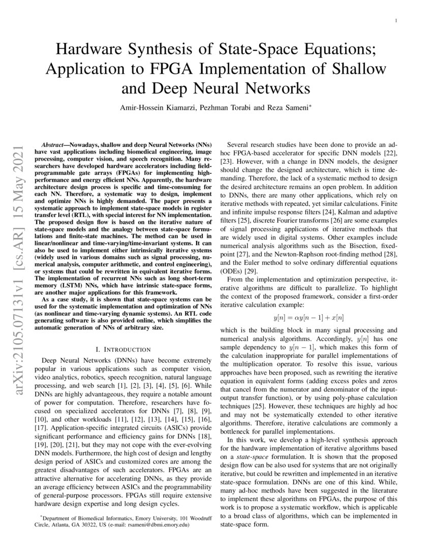 Hardware Synthesis of State-Space Equations; Application to FPGA Implementation of Shallow and ...