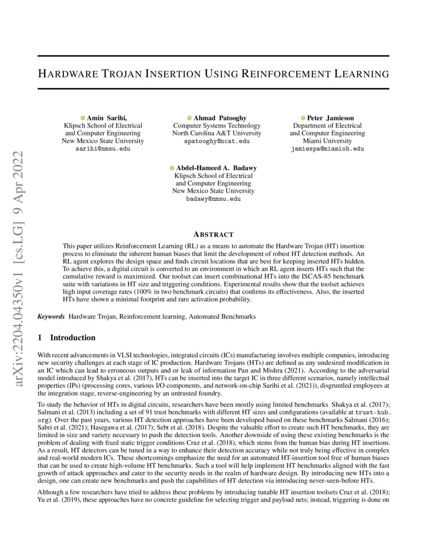 Hardware Trojan Insertion Using Reinforcement Learning | DeepAI