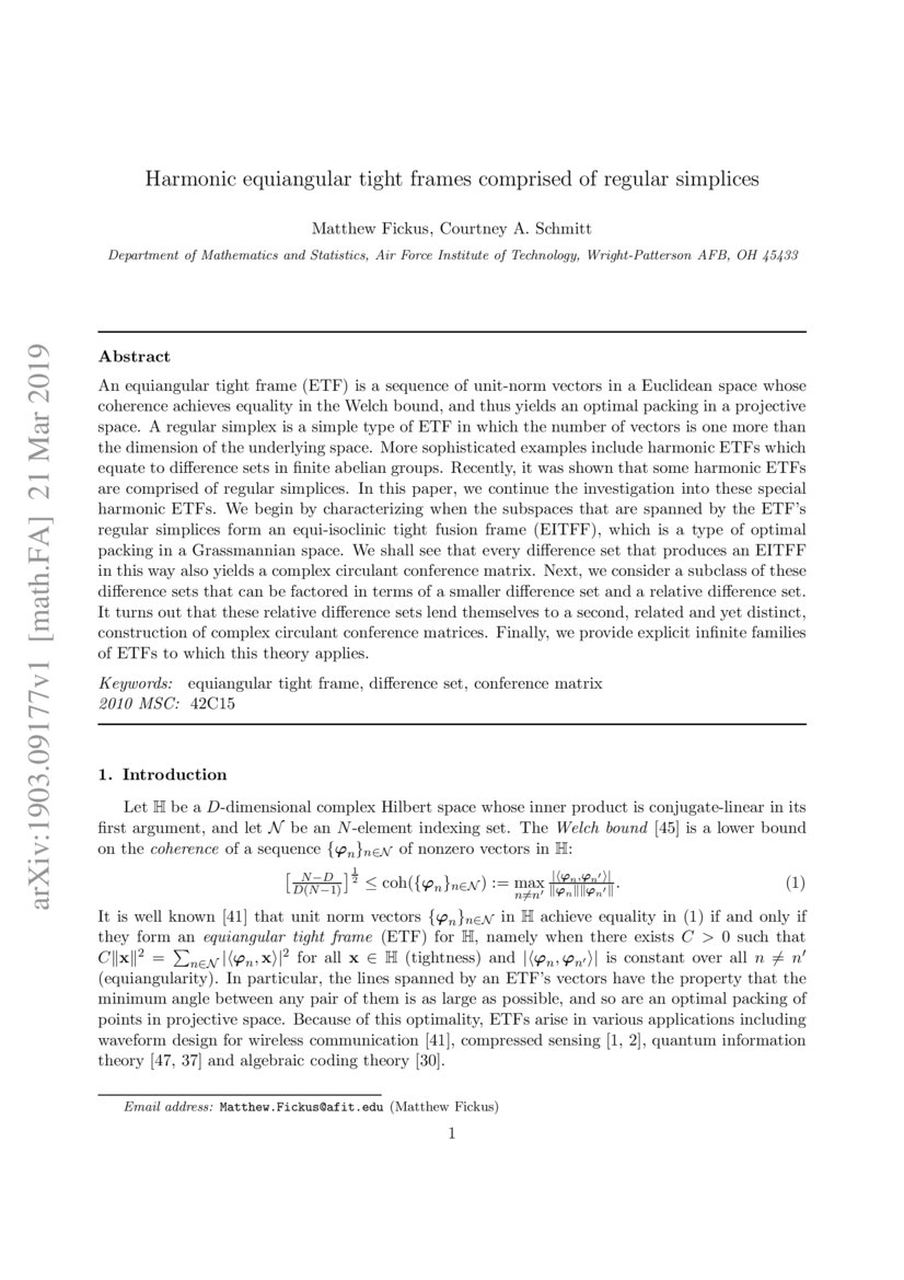 Harmonic equiangular tight frames comprised of regular simplices | DeepAI