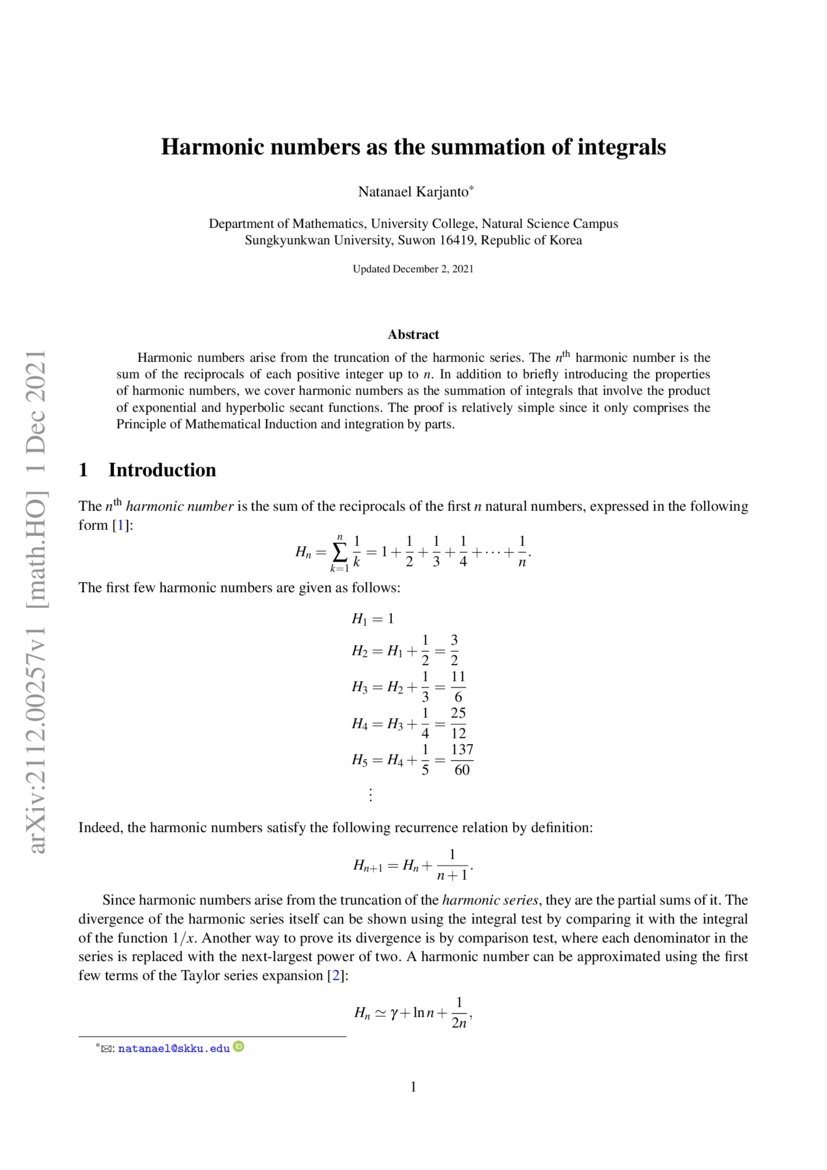 Harmonic numbers as the summation of integrals | DeepAI