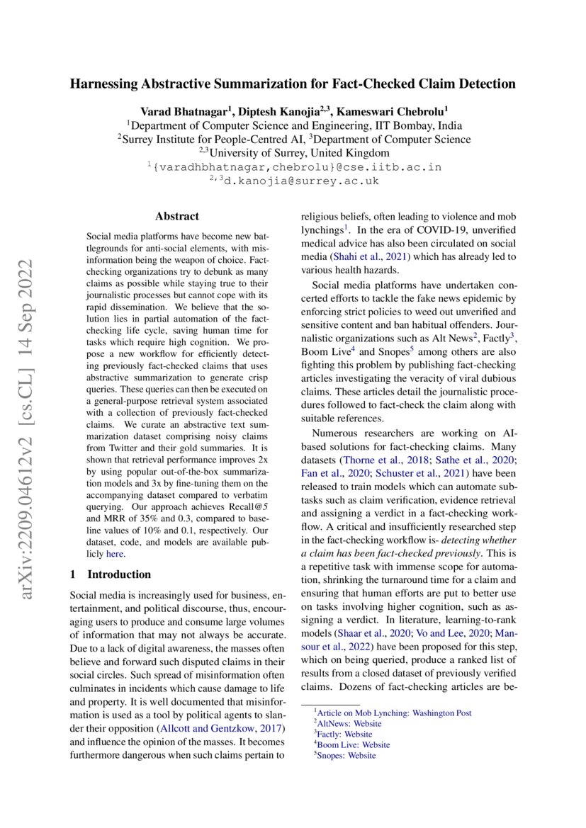 Harnessing Abstractive Summarization For Fact Checked Claim Detection