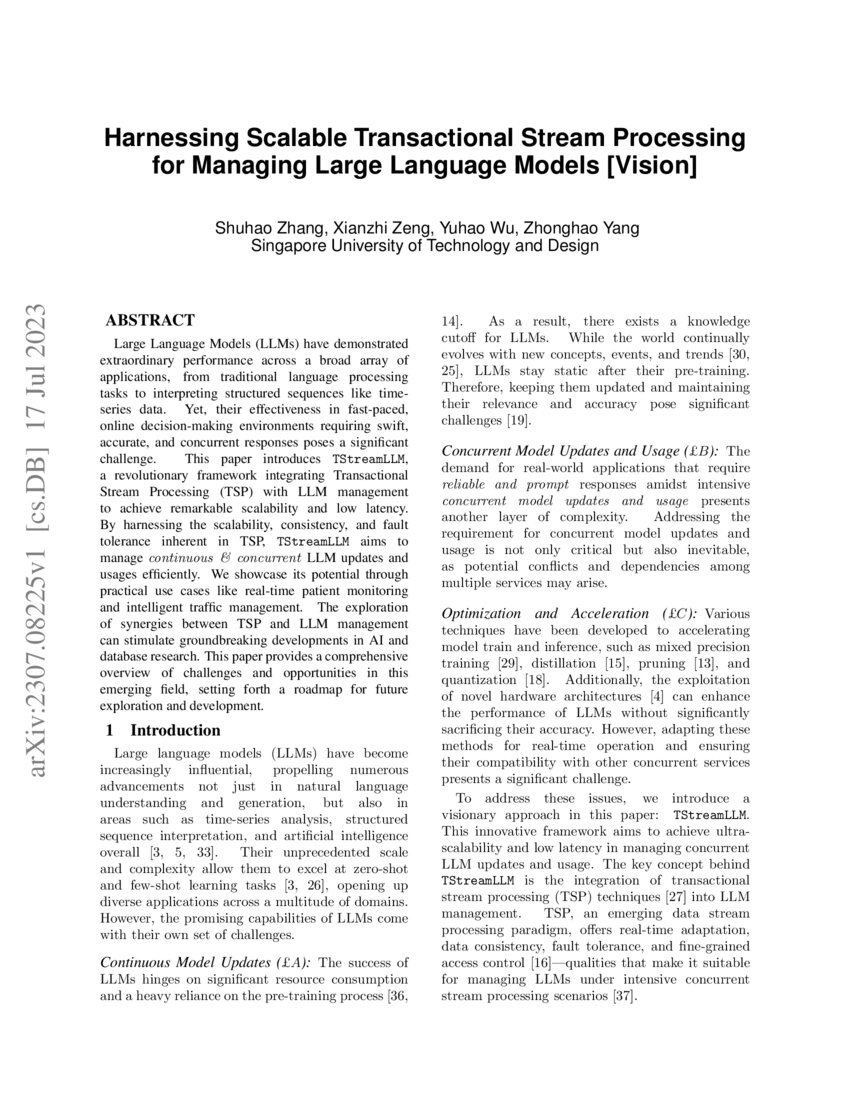 Harnessing Scalable Transactional Stream Processing For Managing Large Language Models [vision