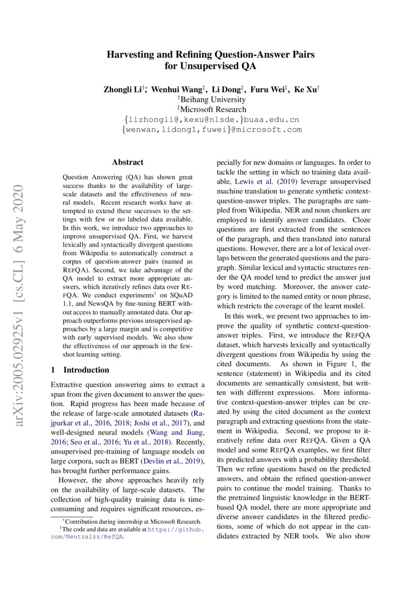 Harvesting And Refining Question Answer Pairs For Unsupervised Qa Deepai