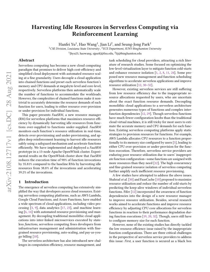 Harvesting Idle Resources in Serverless Computing via Reinforcement Learning | DeepAI
