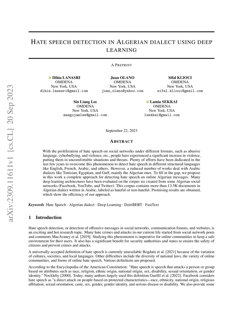 Hate Speech Detection In Algerian Dialect Using Deep Learning Deepai
