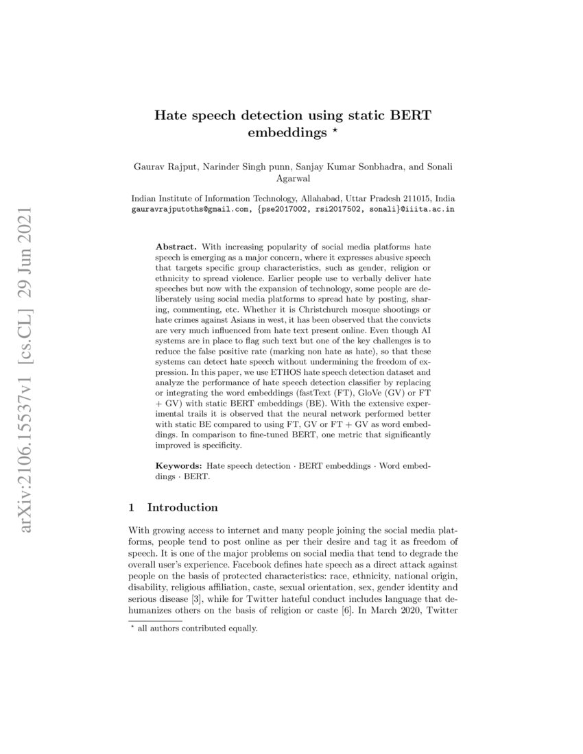 Hate Speech Detection Using Static Bert Embeddings Deepai