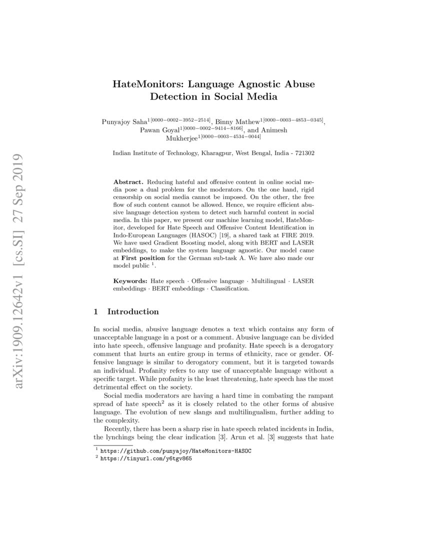 HateMonitors: Language Agnostic Abuse Detection in Social Media | DeepAI