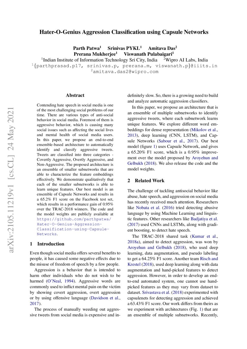Hater-O-Genius Aggression Classification using Capsule Networks | DeepAI