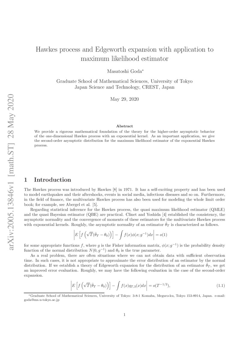 Hawkes process and Edgeworth expansion with application to maximum likelihood estimator | DeepAI