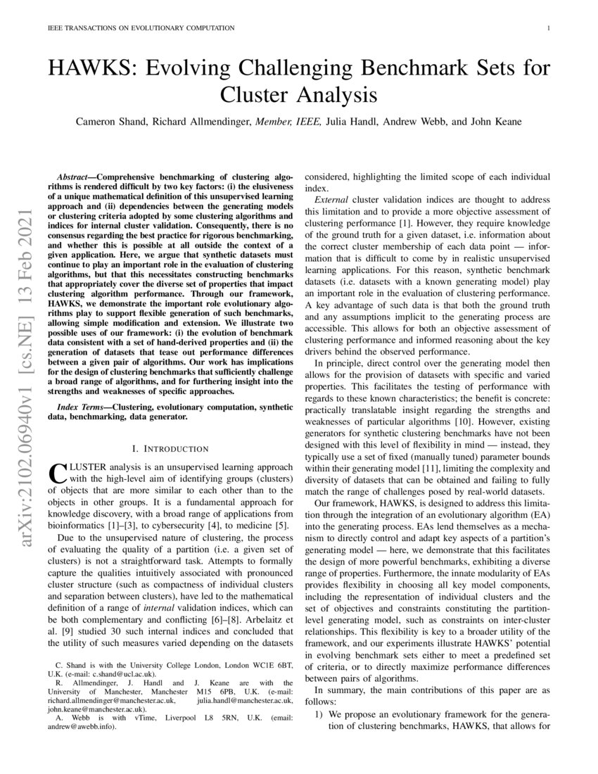 HAWKS: Evolving Challenging Benchmark Sets for Cluster Analysis | DeepAI