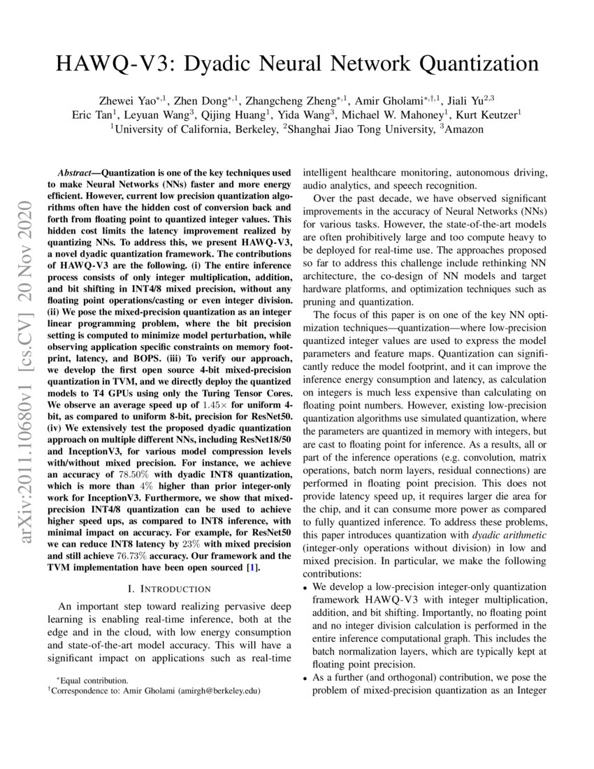 HAWQV3: Dyadic Neural Network Quantization | DeepAI